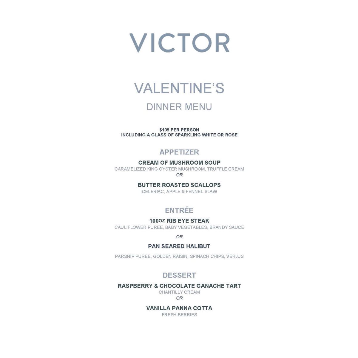 Valentine's dinner menu at Victor Restaurant