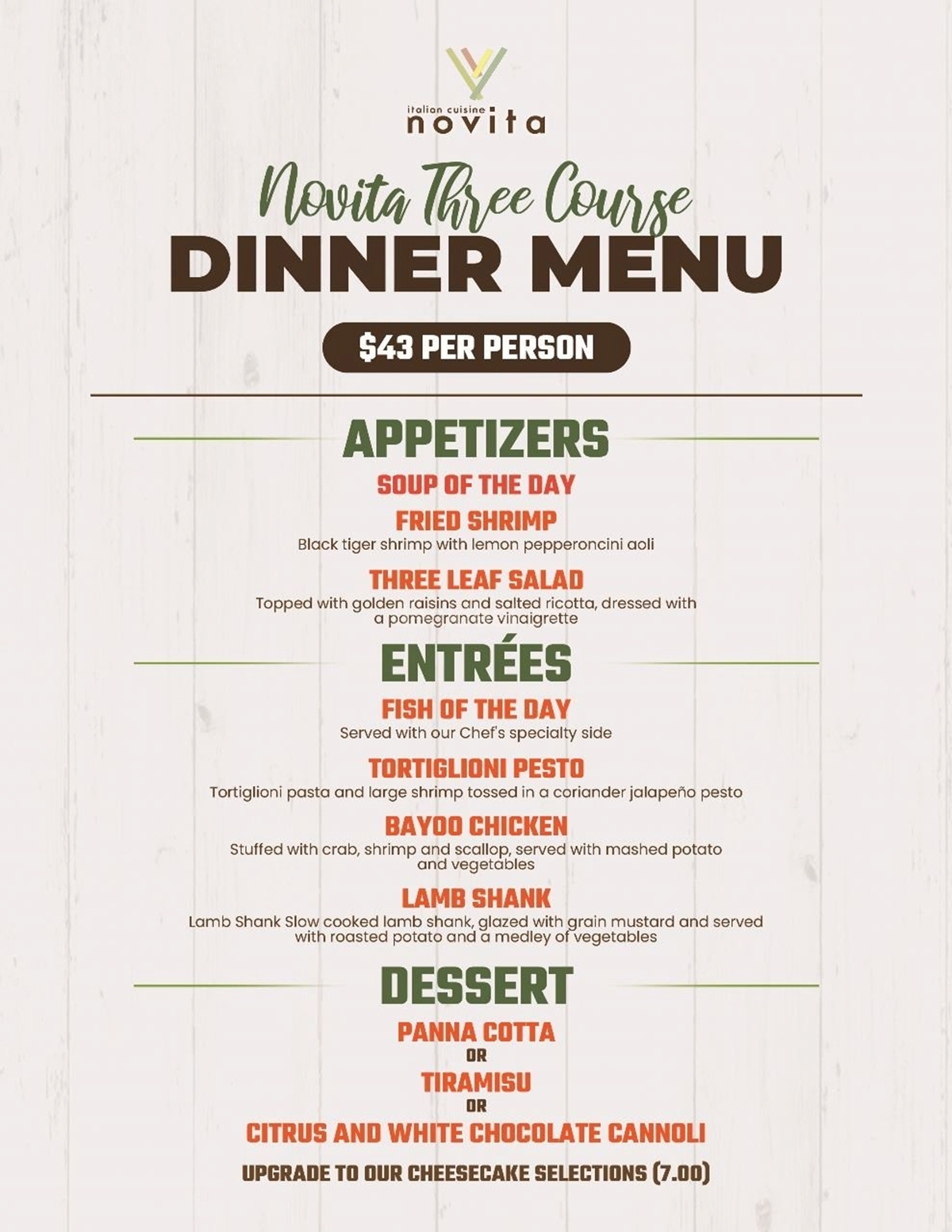 May Special Three Course Lunch and Dinner Menu at Novita Italian Cuisine